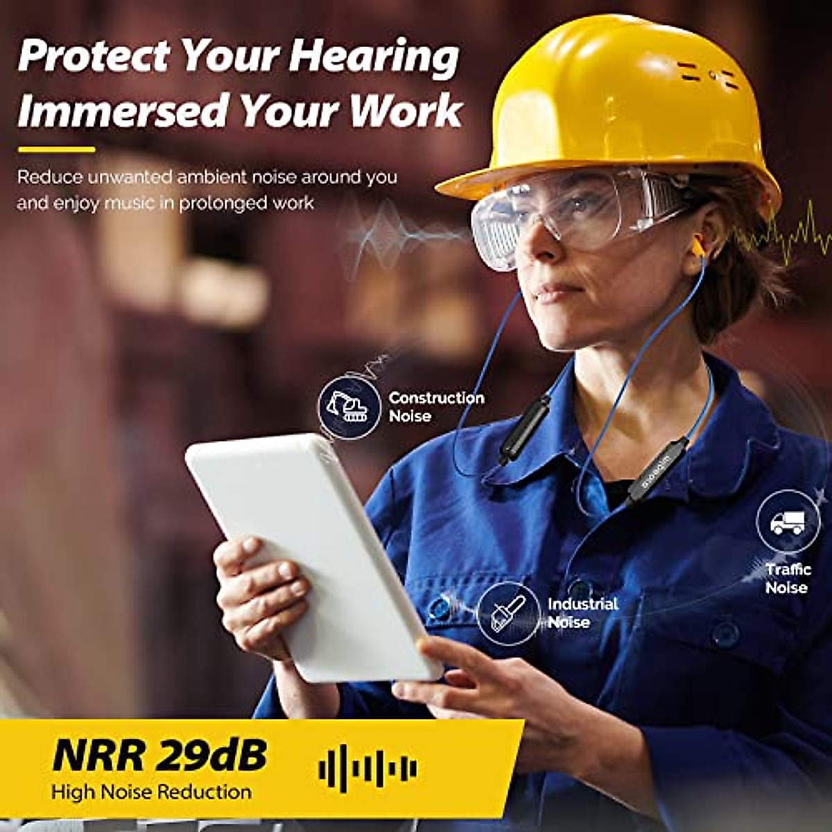 MIPEACE Bluetooth Work Earplugs Headphone, Wireless in-Ear Noise Isolating Earbuds,29dB Noise Reduction Headphone with Mic and Control,19+ Hours Battery for Lawn Mowing Industrial Construction(Black)