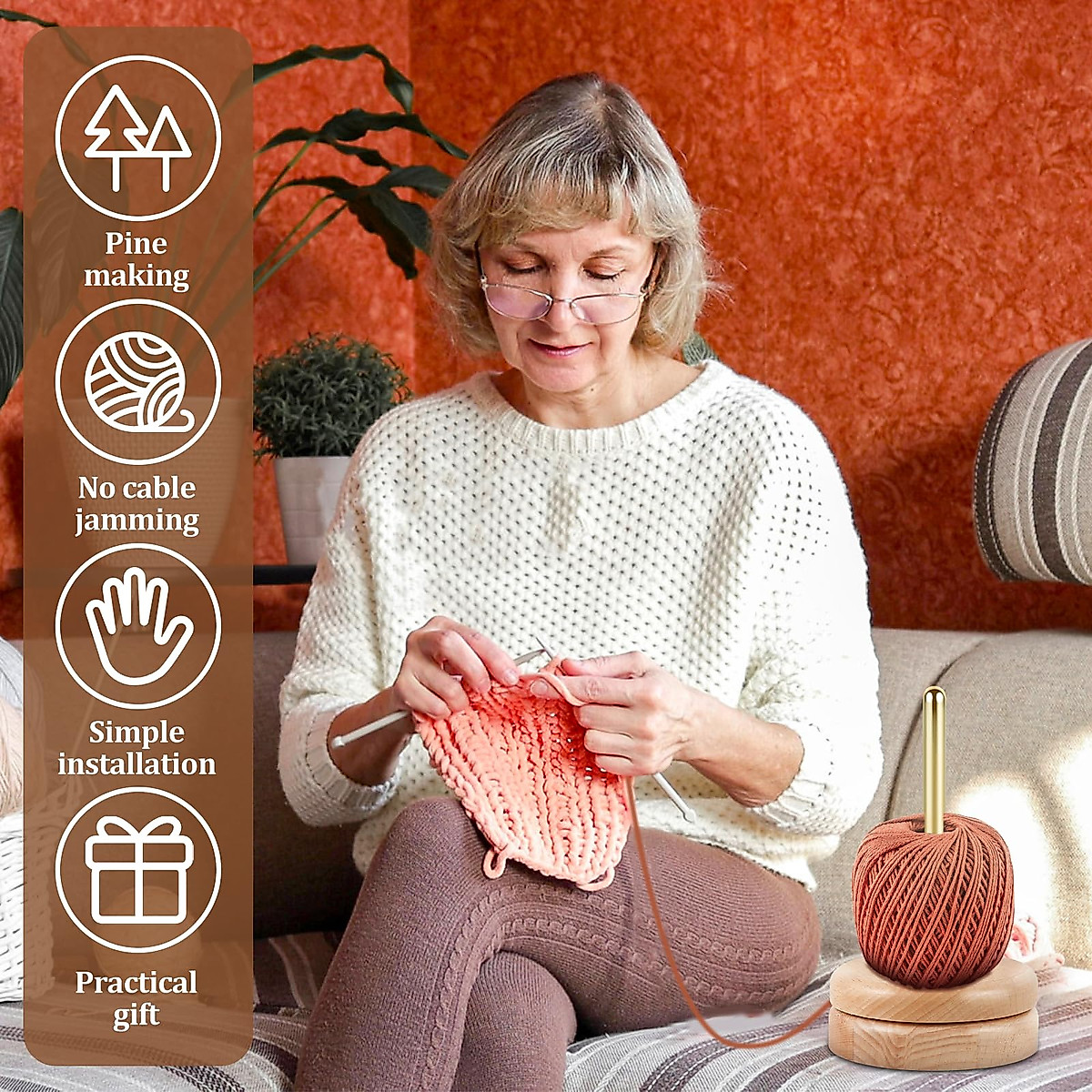 Wooden Yarn Holder Revolving Yarn Ball Stand Rotatable Beech Wood Yarn Skein Spinner Spindle Wooden Sewing Crocheting Tool Yarn Thread Holder Dispenser for Knitting