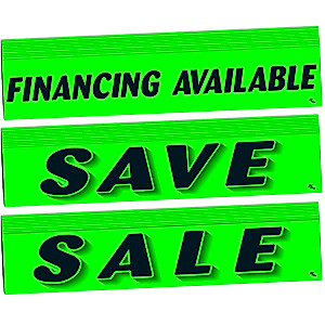 Versa Tags Windshield Slogan Stickers 12 Pack of FINANCING Available Stickers 12 Pack of Save Slogans 12 Pack of Sale Window Stickers (36) Dealership Stickers Black On Green