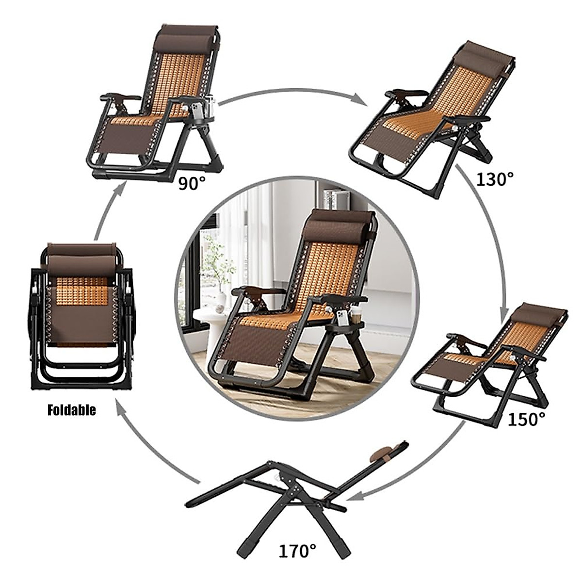 Zero Gravity Chair Adjustable Folding Reclining Lounge Chair Bamboo with Pillow and Cup Holder Patio Lawn Recliner for Outdoor Pool Camp Yard Beach Garden Outdoor and Indoor