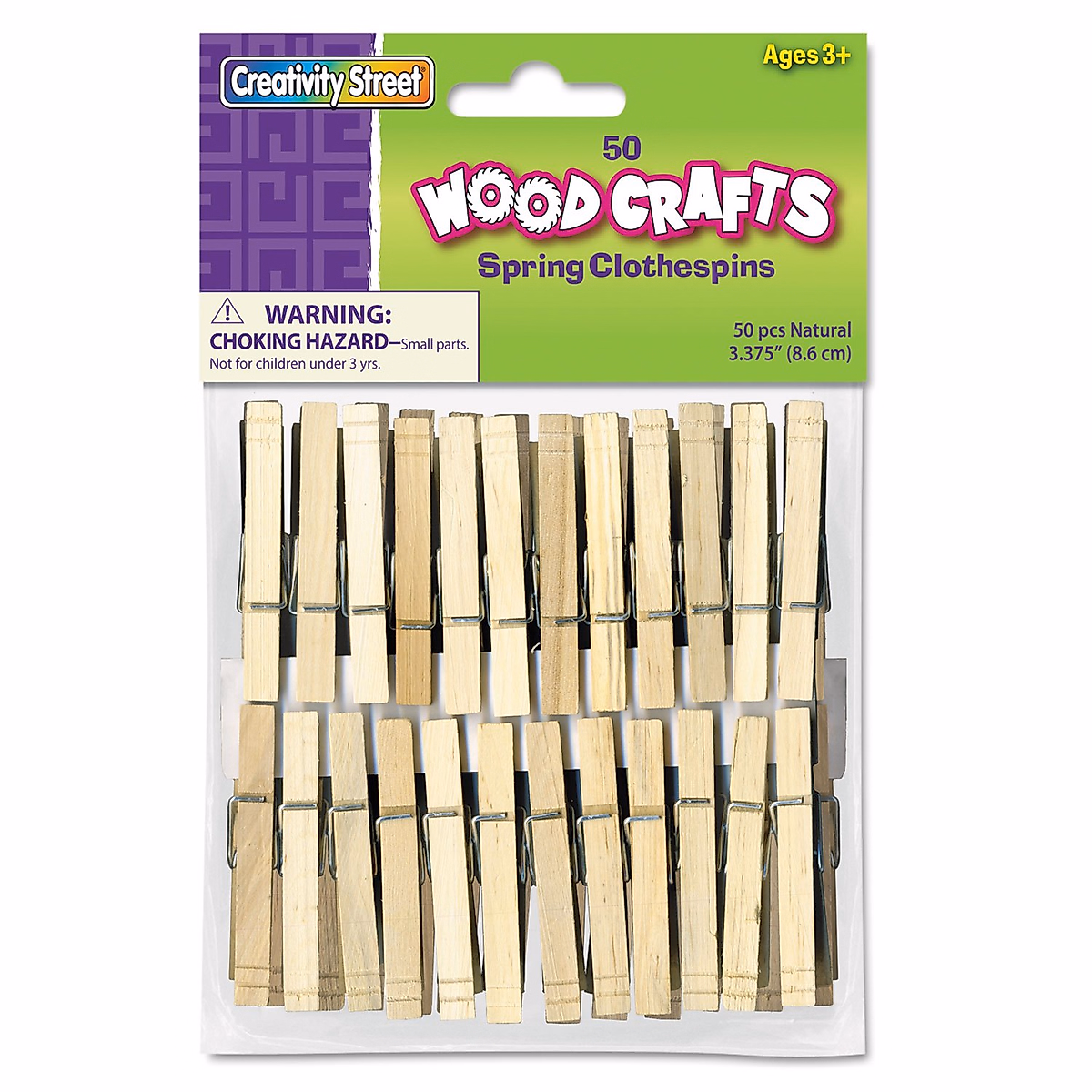 Creativity Street 365801 Wood Spring Clothespins, 3 3/8 Length, 50 Clothespins/Pack
