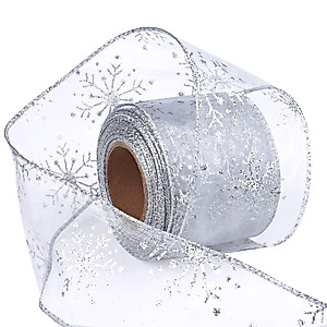 Livder 2.5 Inch Wide Christmas Wired Ribbon Snowflake Organza Sheer Glitter Ribbon for Xmas Tree, Wreath, Party Decoration, Gift Wrapping (Silver-White, 10.9 Yards)