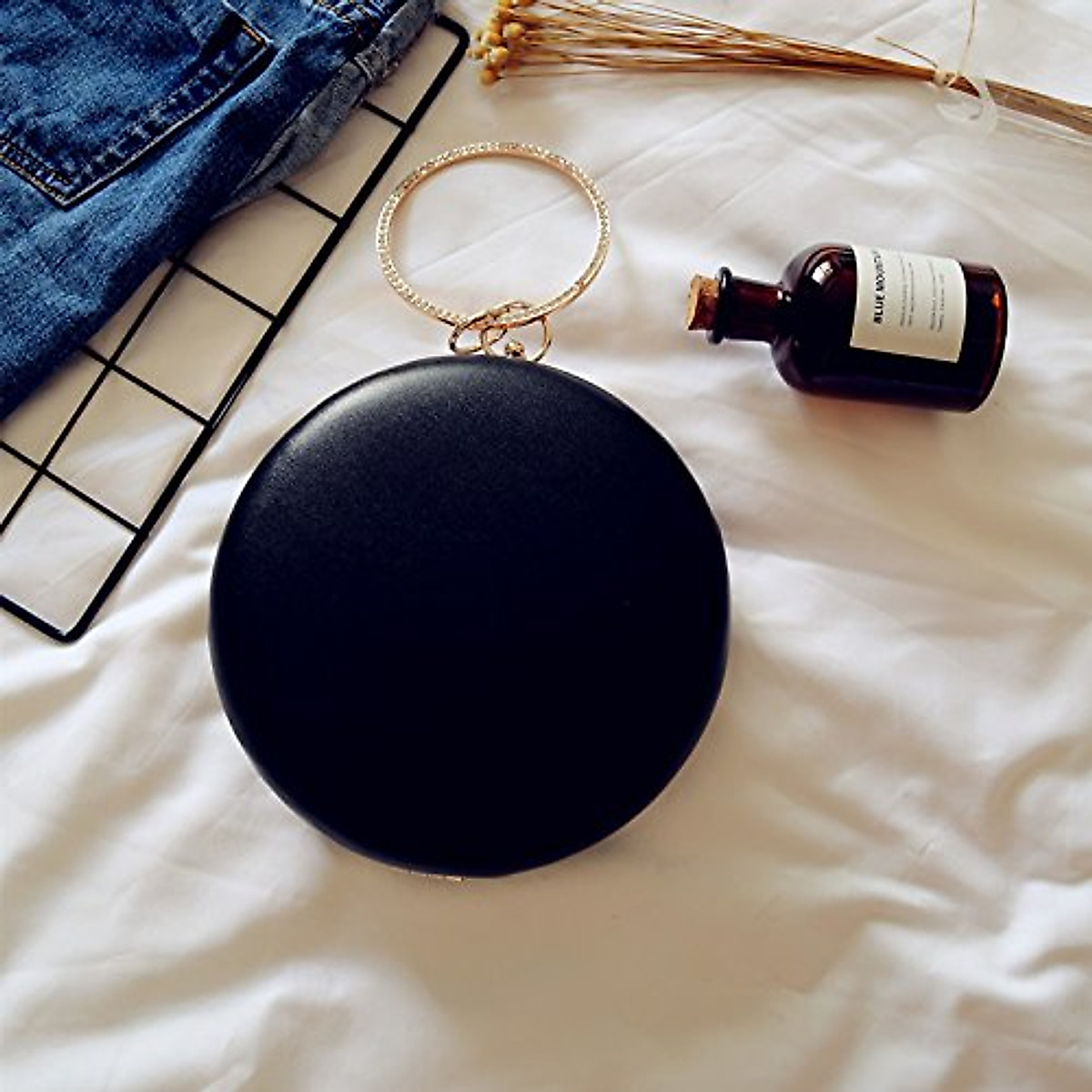 missfiona Womens Round Clutch Circle Evening Handbag Jeweled Top Handle Party Bag(Black Gold)