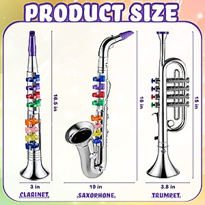 Set of 3 Saxophone for Kids Musical Instruments Toy Saxophone Toy Trumpet and Toy Clarinet with 8 Colored Coded Keys Teaching Songs for Toddlers Children (Silver)