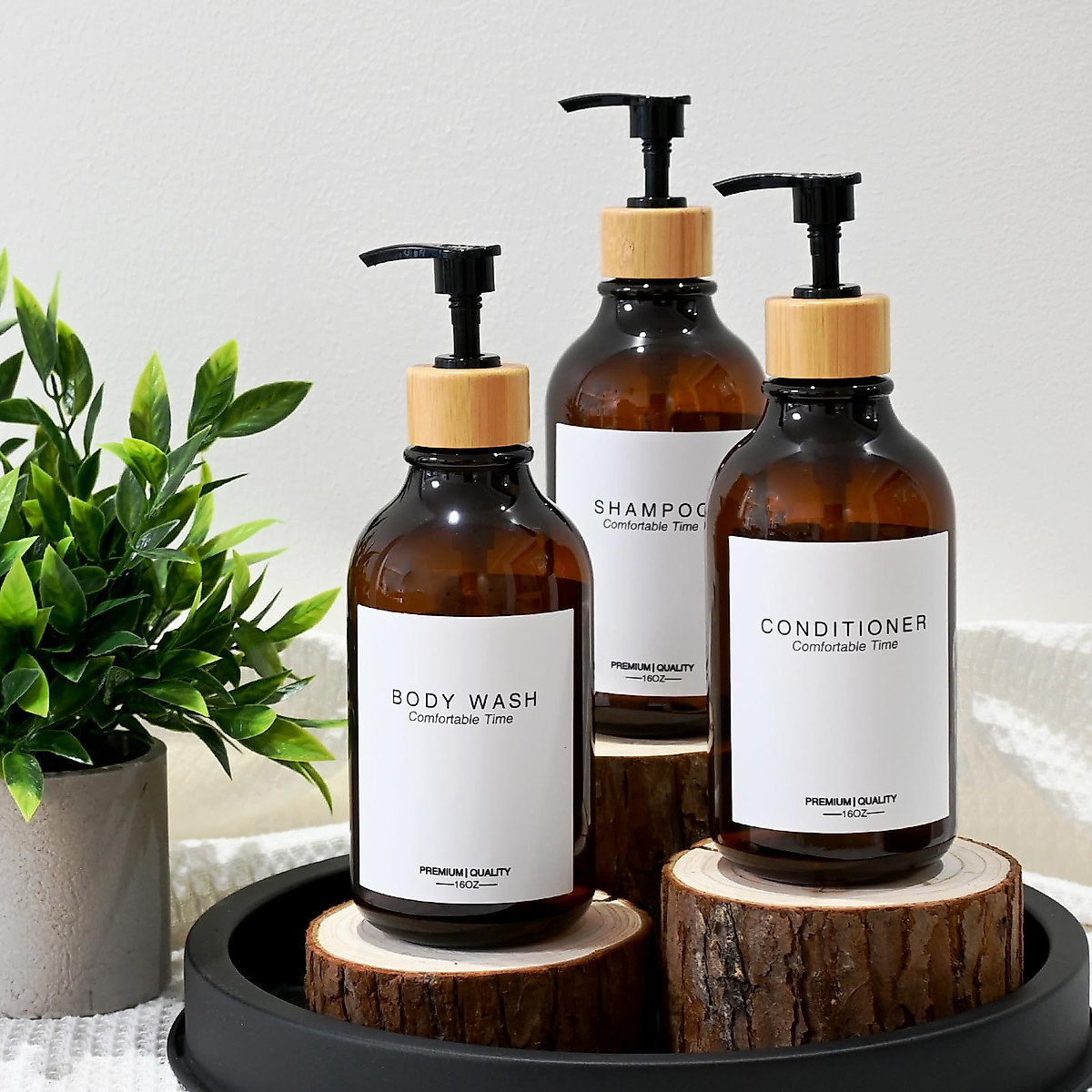 3-Pack Amber Plastic Pump Bottles, BPA-Free Refillable Dispensers for Shampoo, Conditioner, Soap & Oil, Bamboo Pump Head, 16.9oz (500ml)(Amber)