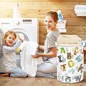 Clastyle 45L Cute Animal Alphabets Collapsible Laundry Hamper Waterproof Owl Elephant Kids Laundry Basket with Drawstring for Bedroom, 14.2 * 17.7 in