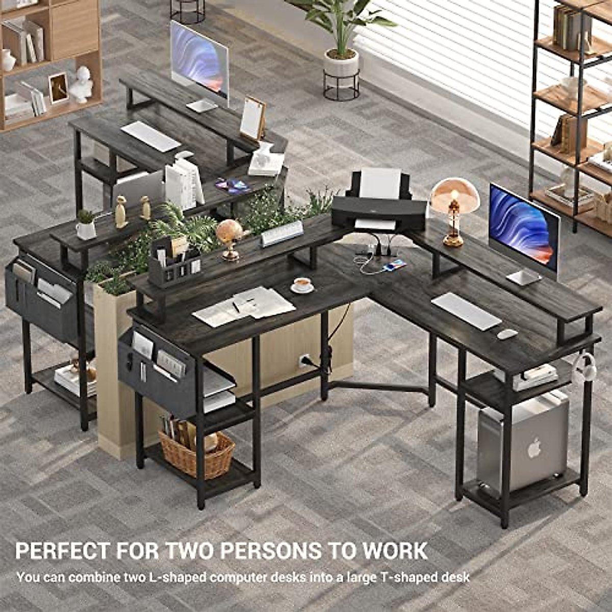 Aheaplus L Shaped Gaming Desk with Power Outlets & LED Lights, L- Shaped Desk Computer Corner Desk with Monitor Stand and Storage Shelf, Home Office Desk Writing Desk with Storage Bag, Grey Oak