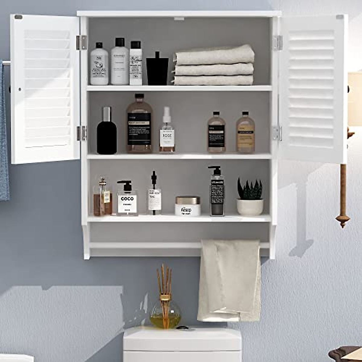ChooChoo Bathroom Wall Cabinet with Towels Bar, 23.6" L x8.9 W x29.3 H MDF Material Medicine Cabinet, 2 Doors Over The Toilet Space Saver Storage Cabinet with Large Space, White