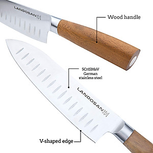 LANDOSAN Santoku Knife 7 inch Kitchen Knives Vegetable Stainless Steel Blade Genuine Wood Handle Cutlery for Home Kitchen and Restaurant…