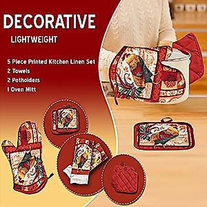 Farm Rooster Kitchen Decor Linen Set Includes 2 Dish Towel 2 Pot Holders 1 Oven Mitt | Kitchen Towel Set For Cooking, Baking, Housewarming and Kitchen Decoration (Set of 5 Piece)