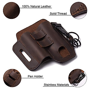 Gentlestache Multitool Belt Sheath, EDC Leather Belt Organizer, Flashlight Holder, Pen Holder and Keychain Clip, Practical EDC Pouch for Men Dark Brown
