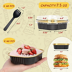 LNYZQUS 7.5oz Cupcake Mini Cake Pans With Lids 40 Pack, Aluminum Cupcake Liners Brownie Baking Pans,Square 4”x4” Disposable Ramekins Creme Brulee Cups,Jumbo Muffin Tin Holders-Black In Gold