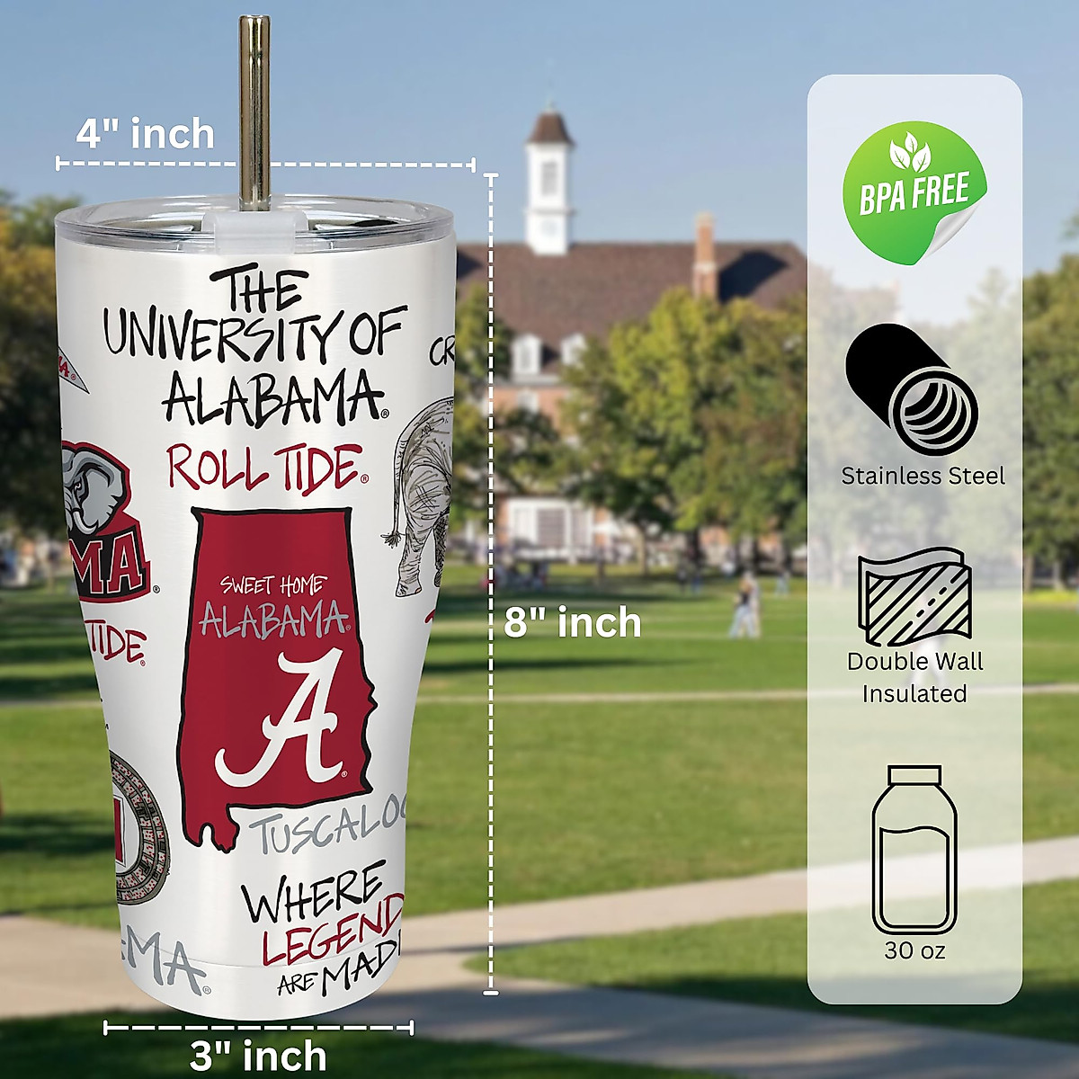 University of Alabama 30oz Stainless Steel 3D Icon Travel Mug– High Performance Double-Walled Thermos w/Convertible Lid & Straw – Insulated Decorative NCAA Beverage Tumbler – For Hot or Cold Drinks