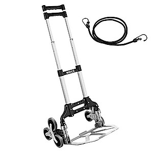 Stair Climbing Cart Portable Folding Hand Truck 165 lbs Weight Capacity Heavy-Duty Hand Cart Height Adjustable Aluminum Trolley with 6 Rubber Wheels & Bungee Cord Dolly for Moving, Luggage and Office