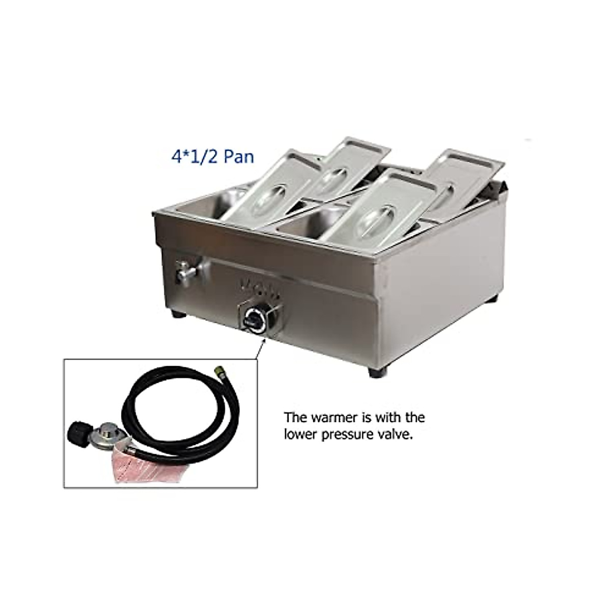INTBUYING LP Gas Food Soup Warmer Propane Gas Stove Bain-Marie Commercial Canteen Buffet Steam Heater Stainless Steel with Gas Regulator Valve 12''x8.7''x4''Pan-4 Pans（Square）