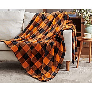 Touchat Fleece Throw Blankets, Orange Buffalo Plaid Throw Blanket for Couch Sofa Bed, Soft Warm Fuzzy Cozy Checkered Blanket, Lightweight Farmhouse Halloween Decor 50" x 60" (Pumpkin & Orange)