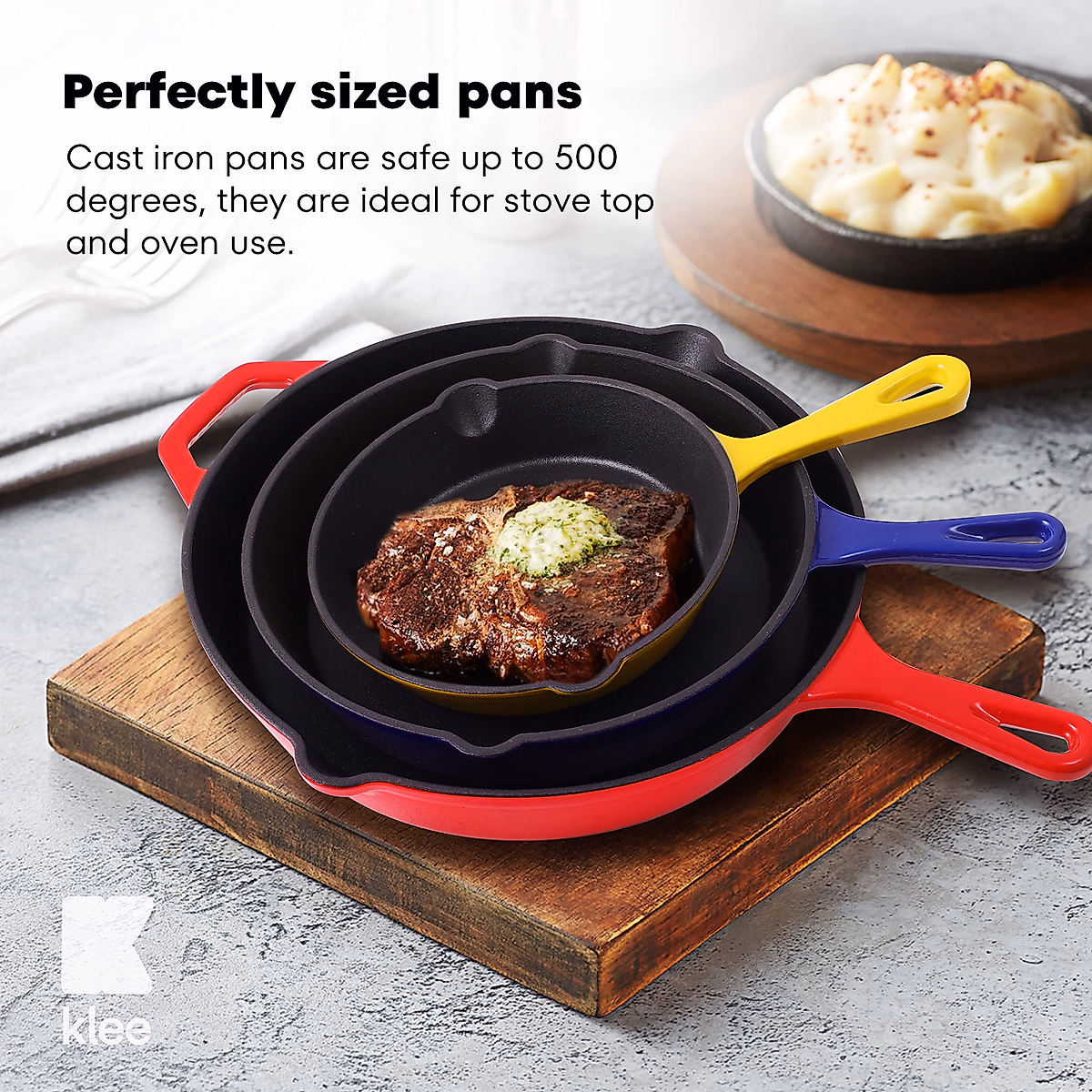 Klee Enameled Cast Iron Skillet, Set of 3 (8-inch, 10-inch, 12-inch) - Multipurpose Cooking Pan with Porcelain Enamel Coating and Pour Spout - Safe for Any Stovetop and Oven Up To 500°F