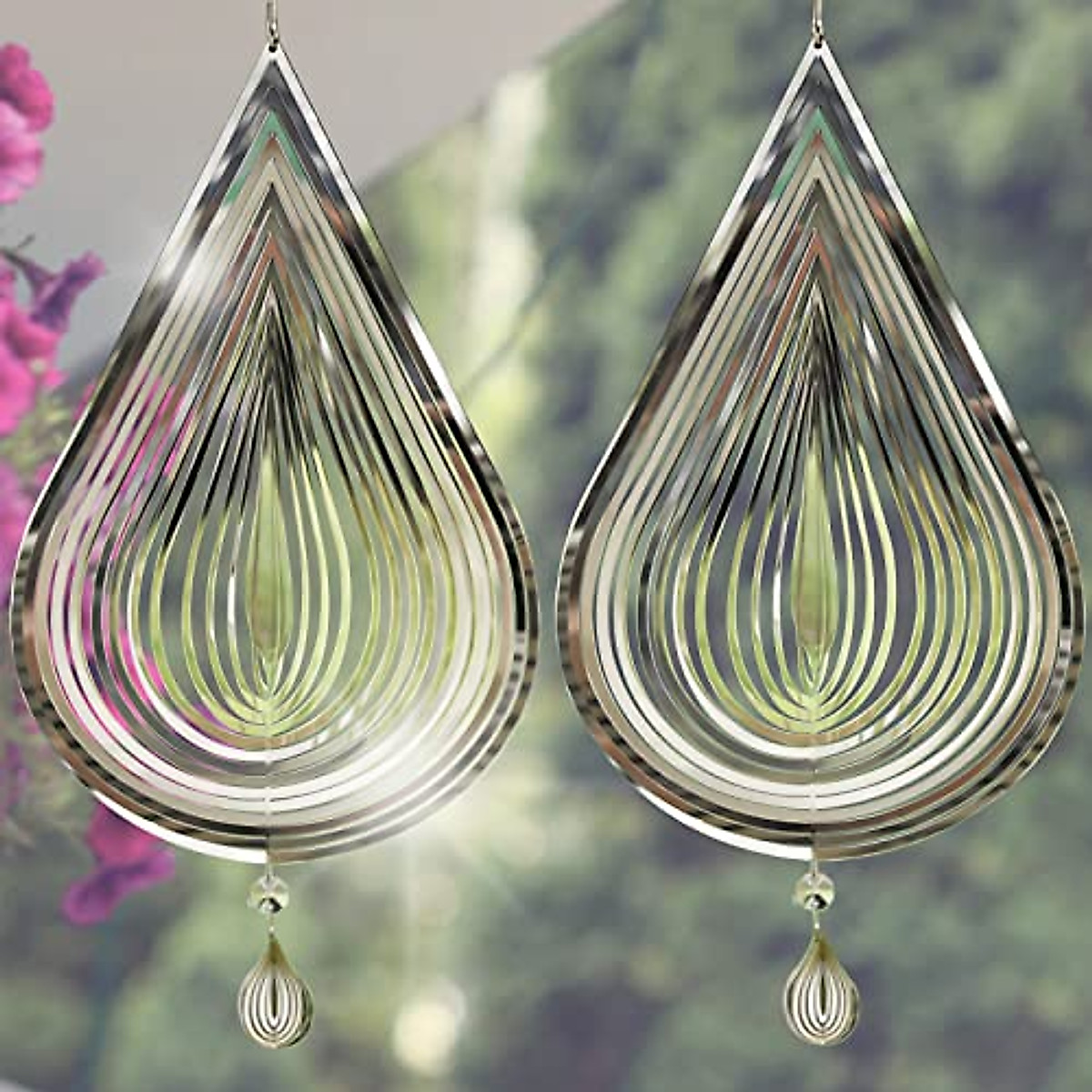 Tsocent Wind Spinners, 2 Pack 12in 3D Stainless Steel Outdoor Hanging Wind Spinner with 2X Water Drop Pendant and 3X 360° Rotating Hook, Reflective Decor for Outside Yard and Garden (2 Pack)