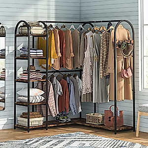 Tribesigns L-Shaped Garment Rack with Shelves, Heavy Duty Corner Clothes Rack with Coat Hooks, Anti-toppling Device, Cloth Hanger Standing Clothing Racks for Hanging Clothes, Rustic Brown