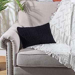 MANDIOO Cotton Knitted Decorative Lumbar Throw Pillow Covers Soft Cozy Outdoor Cushion Cases Luxury Modern Pillowcases for Couch Sofa Bed 12x20 Inches Black