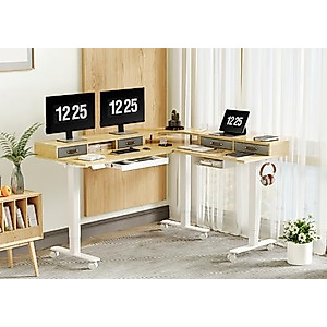 INNOVAR Triple Motor L Shaped Standing Desk with Drawers, Solid Wood Adjustable Corner Stand Up Desk, 63" Electric Standing Desk for Home Office, White Frame/Nature Top