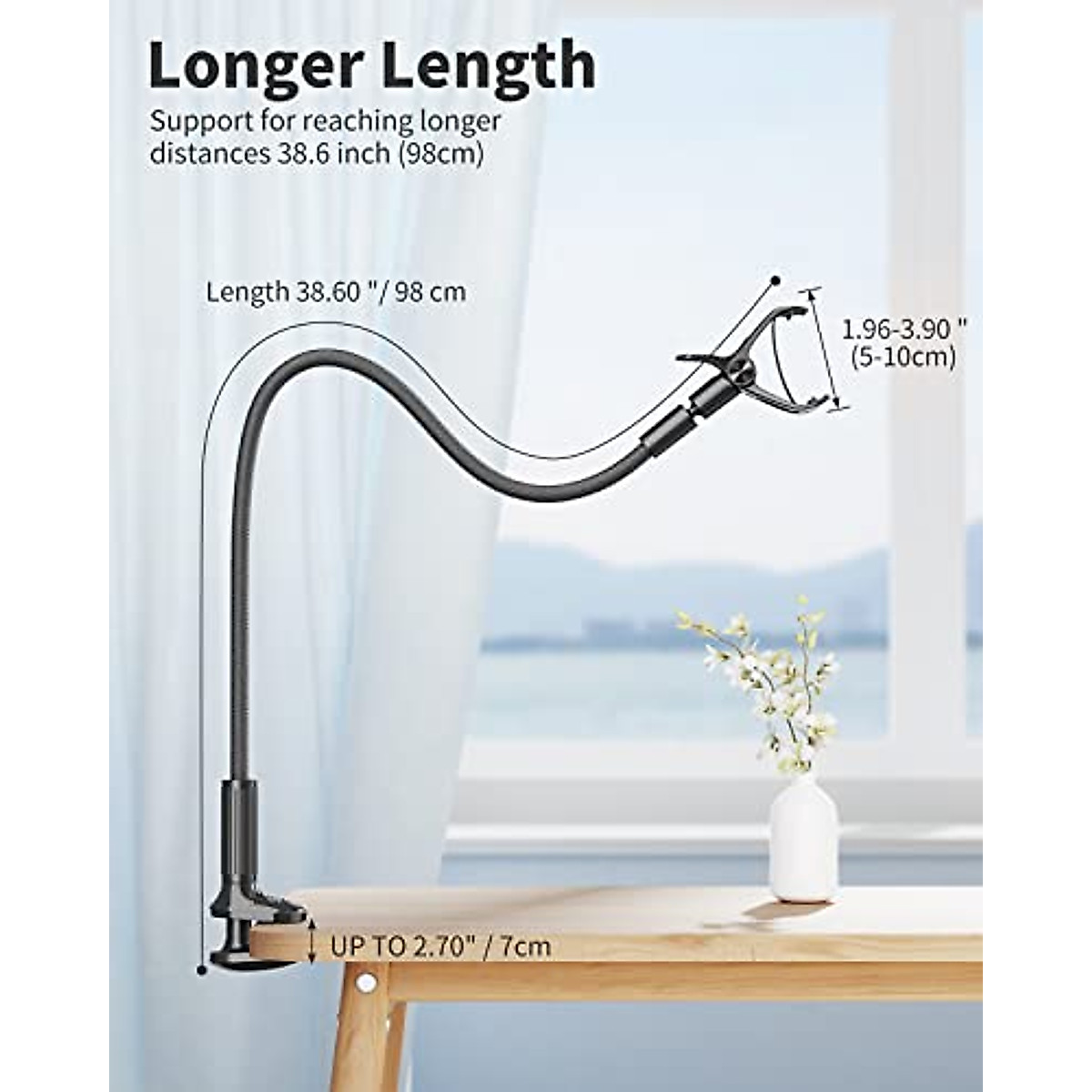 SAIJI Gooseneck Phone Holder for Bed Overall Length 38.6” Flexible Leather Wrapped Arm Overhead Cell Phone Mount Stand with 360° Adjustable Clamp Clip, Compatible with All 4-7” Cellphones (Black)