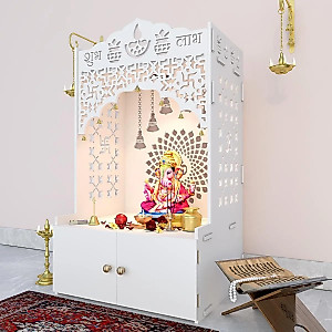 Homscape Divine Wooden Temple for Serenity with Spacious Shelf & Inbuilt Focus Light - White Color