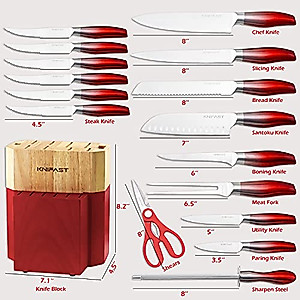 Knife Set With Block, KNIFAST Full Tang 17-Pieces Kitchen Knife Set With Block Wooden German Stainless Steel Cutlery With Knife Sharpener & 6 Steak Knives (Red)