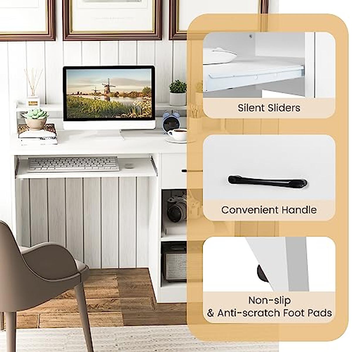 GOFLAME White Computer Desk, Home Office Desk with Large Drawers, Hutch, Keyboard Tray, 5-Position Adjustable Open Shelves, Easy Assembly, Writing Desk for Bedroom, Small Space, Living Room(White)