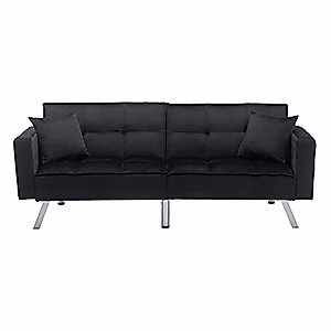 civama Futon Sofa Bed, 74" Modern Velvet Convertible Folding Lounge Couch, Upholstered Twin Size Sleeper Sofa with Arm 2 Pillows Split Back Design and Silver Metal Legs for Compact Space, Black