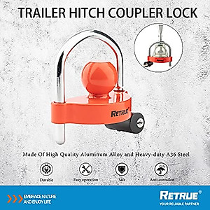 RETRUE Universal Coupler Lock Trailer Locks Ball Hitch Trailer Hitch Lock Adjustable Security Heavy-Duty Steel fits 1-7/8 Inch, 2 Inch, 2-5/16 Inch Couplers, red,with 360° Rotating Lock Head