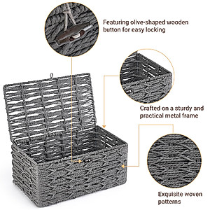 Mkono Storage Baskets Bin with Lid Decorative Paper Rope Handwoven Basket Organizer for Shelves Wardrobe Toilet Tank Top, Rectangular Wicker Home Decor Box for Bedroom Living Room, Set of 2, Grey