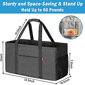 LHZK Standing Extra Large Utility Tote Bag with Metal Wire Frame and the Sides Rinforced, Extra Large Tote Bag with Handle, Reusable Grocery Bags Foldable, Beach Bag, Car Tote (Grey)