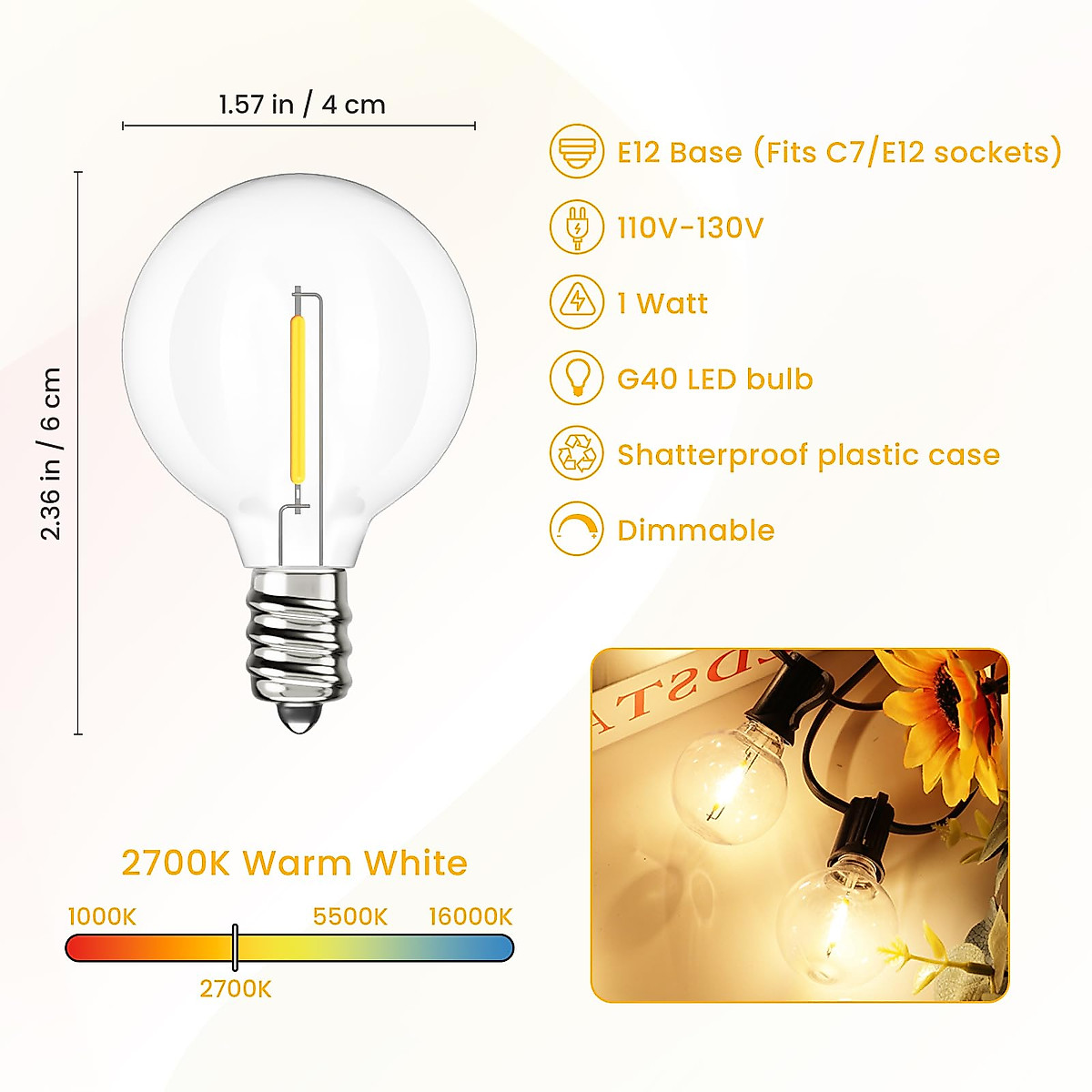 Svater G40 LED Replacement Light Bulbs for String Lights, Dimmable E12 Base Shatterproof Bulbs, 1W Equal to 5W, Warm White 2700K, 50Pack