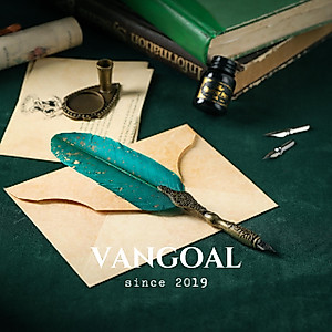 VANGOAL Feather Pen and Ink Set, Glittering Quill Pen Set Antique Calligraphy Dip Pen with Ink, 2 Replacement Nibs, Pen Stand Base, Luxury Vintage Signature Pen (Green)