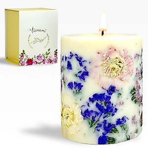Vionami Gifts for Women Scented Pillar Candle - Long Burning Natural Soy Wax Scented Candle for Home - Gift-Boxed Hand Poured Luxury Candle with Dried Flowers & Tropical Rare Flower Scent (Forget Me)