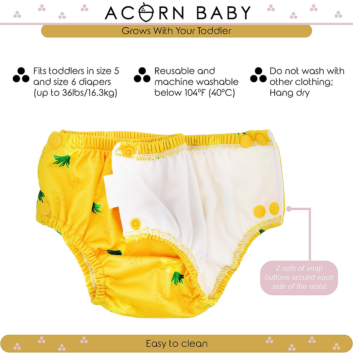 Acorn Baby Toddler Swim Diaper Size 5 and 6 Adjustable - Yellow Pineapple Swimmers Reusable Toddler Swimming Diaper
