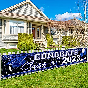Large Congrats Grad Banner Blue Class of 2023 Banner Backdrop Graduation 2023 Yard Sign for Graduation Party Supplies Graduation Decorations 2023 (Blue)