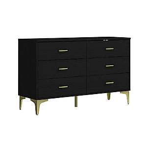 Modern 6 Drawer Wood Dresser, Wood Lateral Chest of Drawers Storage Organizer with Wide Drawers & Metal Gold Handles for Bedroom, Living Room, Hallway, Entryway