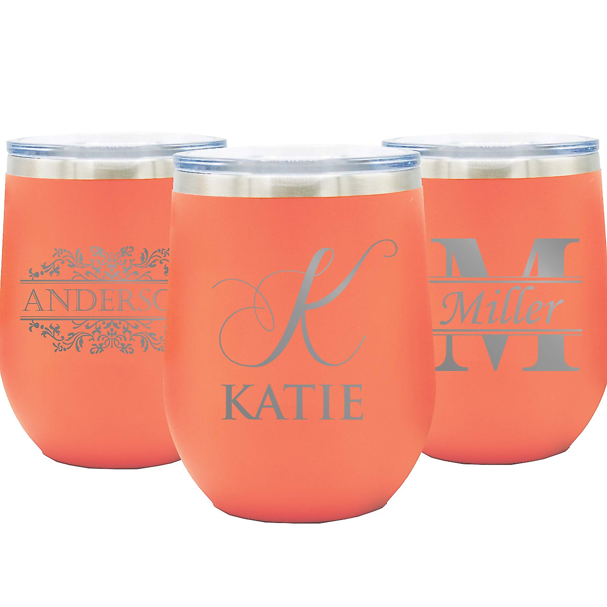 My Personal Memories Custom Engraved Insulated Stemless Wine Tumbler Cup - Personalized Bridesmaid Beach Pool Girls Fun - Monogrammed (Coral)