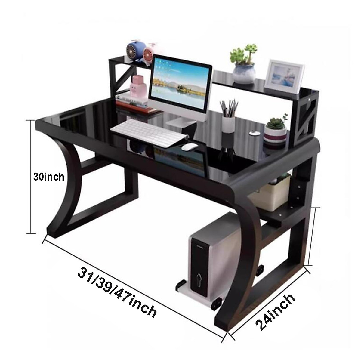 TopJia Tempered Glass Computer Desk, Large Office Desk with Storage Shelves, Modern Simple Gaming Table with Metal Frame, Writing Study Desk for Home Office Workstation(80cm/31inch, C), 1750318