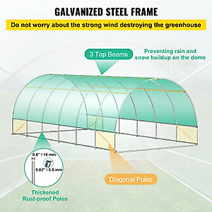 VEVOR Walk-in Tunnel Greenhouse, 20 x 10 x 7 ft Portable Plant Hot House w/Zippered Door, 12 Roll-up Windows, Galvanized Steel Hoops, 3 Top Beam, and 4 Diagonal Poles, Green