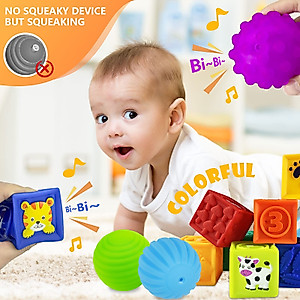 ROHSCE Baby Building Toys & Sensory Toys Set: 9 Building Blocks, 4 Textured Sensory Balls - Soft Colorful Baby Teething & Bath Toys, Stacking Blocks Toys, Educational Toys