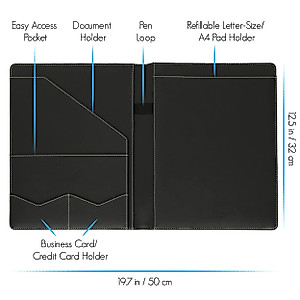 STYLIO Padfolio Portfolio Folder Binder – Interview Resume Legal Document Organizer & Business Card Holder – w/ Letter-Sized Writing Pad - Handsome Piano Noir Faux Leather Matte Finish & Accent Stitch