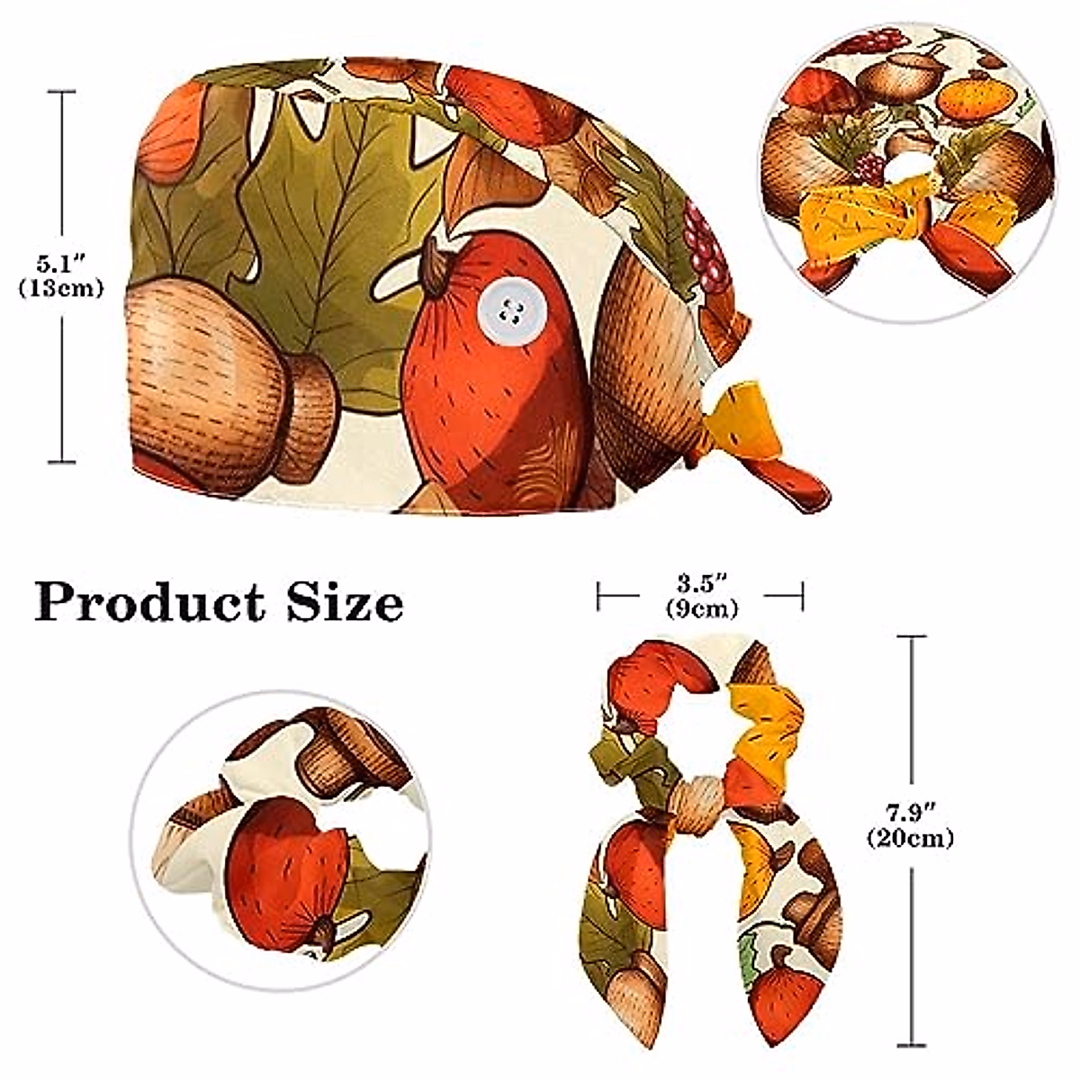 Happy Thanksgiving Acorns Bouffant Working Cap with Ribbon Tie for Women Long Hair, Scrub Surgical Hat, One Size Head Cover