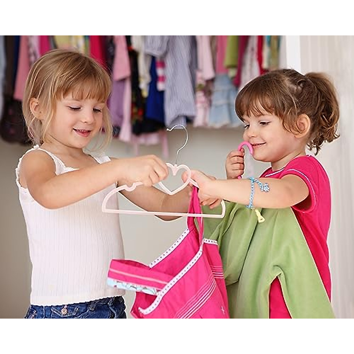 Kids Pink Velvet Clips Hangers - 13inch 50 Pack Toddler Hanger with 20pcs Movable Clips, Stackable Non-Slip Heart Flocked Hangers Fit for Baby and Children Clothes, Heavy-Duty and Space-Saving(Silver)