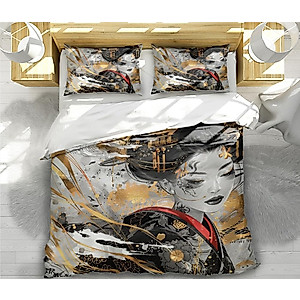 Aimery Beauty of Geisha Duvet Cover and Comforter Set – Artistic Geisha Designs with Traditional Japanese Elements, 100% Microfiber Bedding Set for a Stylish and Cultural Bedroom (Twin (68"x90"),02)
