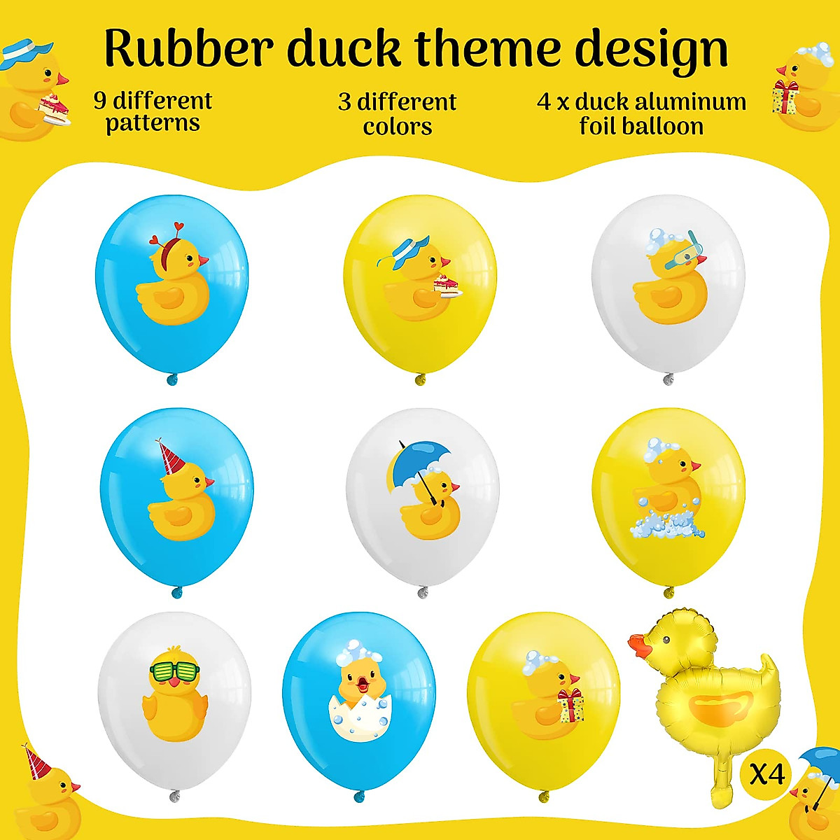 Sratte 40 Pcs Duck Balloon Rubber Duck Party Decorations 12 Inch Duck Shape Foil Balloons Blue Pink Yellow White Latex Balloon for Baby Shower Rubber Duck Themed Birthday Party Supplies (Shower)
