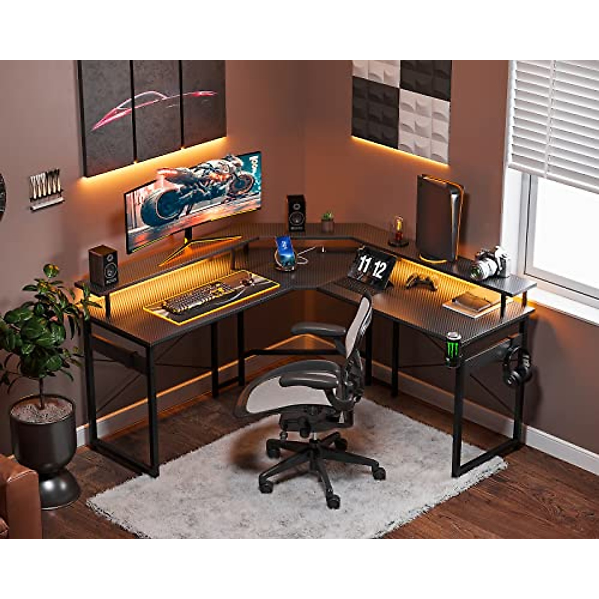 ODK L Shaped Gaming Desk with LED Lights & Power Outlets, 51" Computer Desk with Full Monitor Stand, Corner Desk with Cup Holder, Gaming Table with Hooks, Black Carbon Fiber