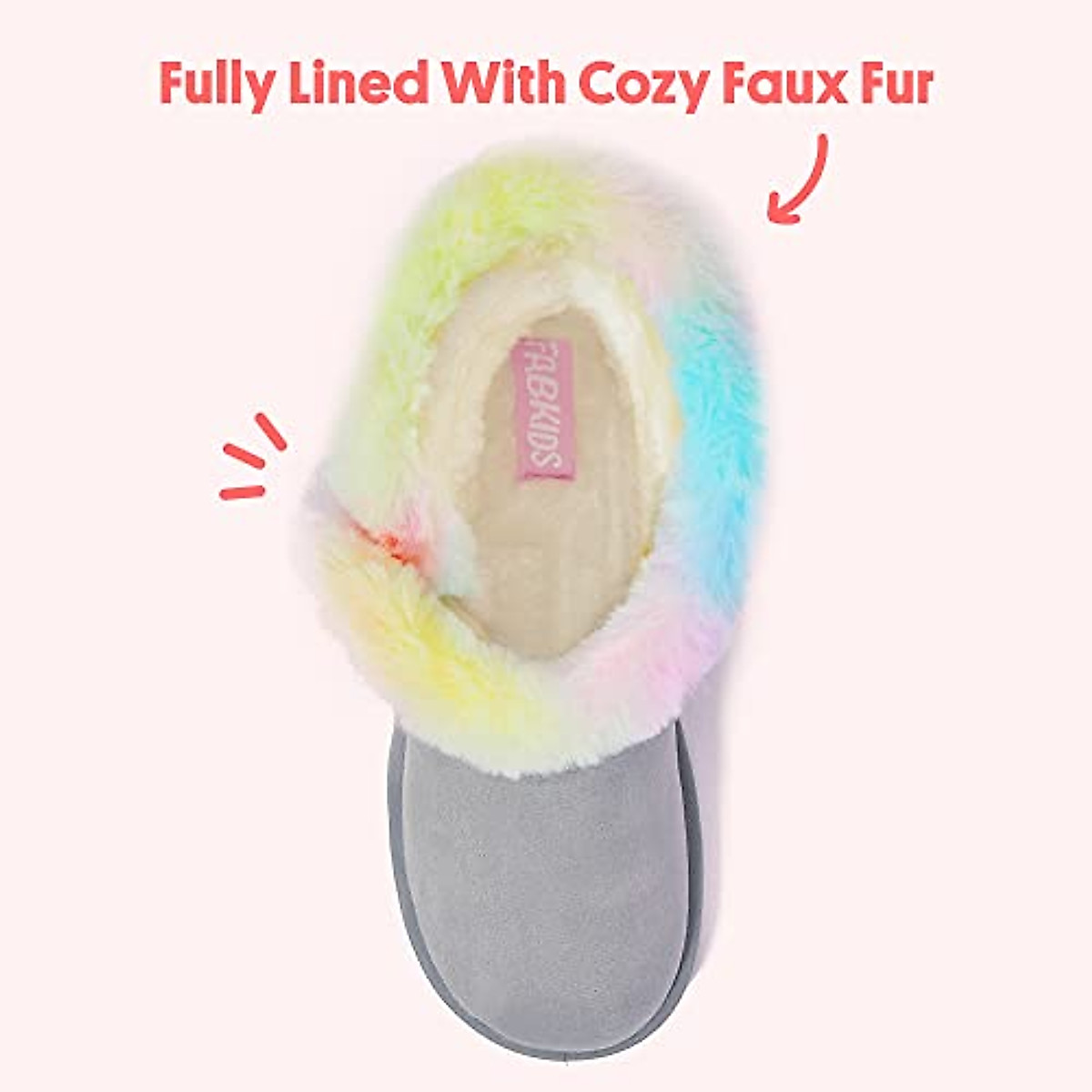 FabKids Faux Fur Lined Warm Winter Easy Slip On Boots (Toddler Little Kid Big Kid), Grey with Rainbow, Size 2